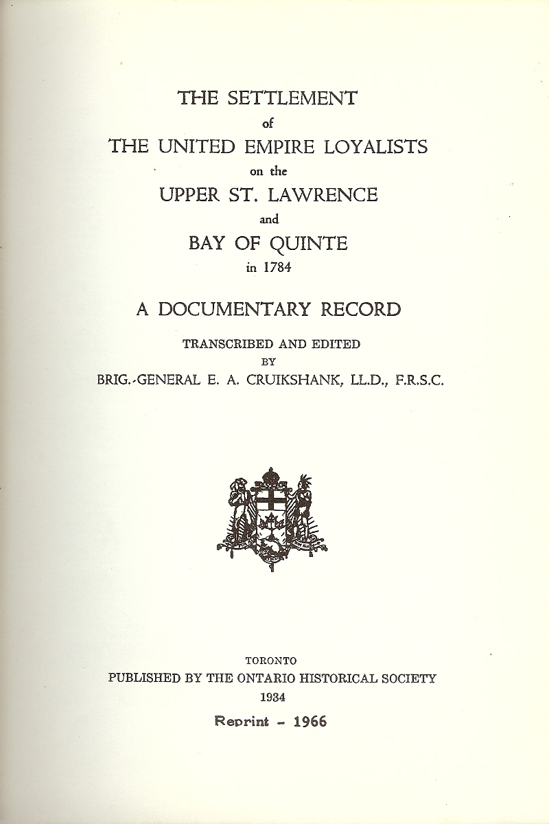 THE SETTLEMENT OF THE UNITED EMPIRE LOYALISTS ON THE UPPER ST. LAWRENCE ...